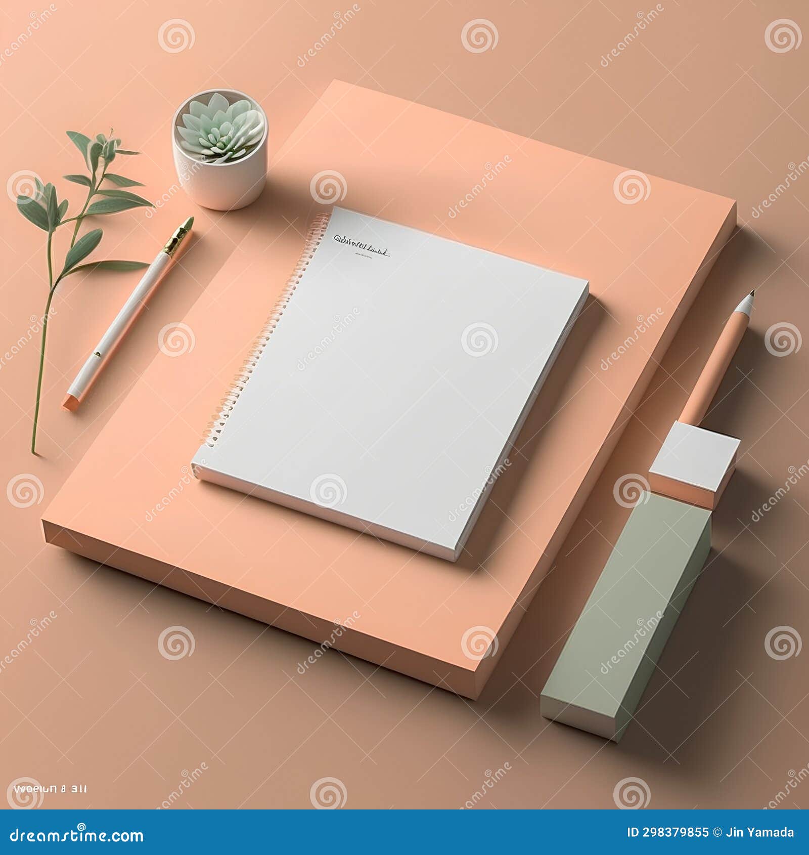 Blank Notepad with Stationery on Orange Background. 3d Rendering Stock ...