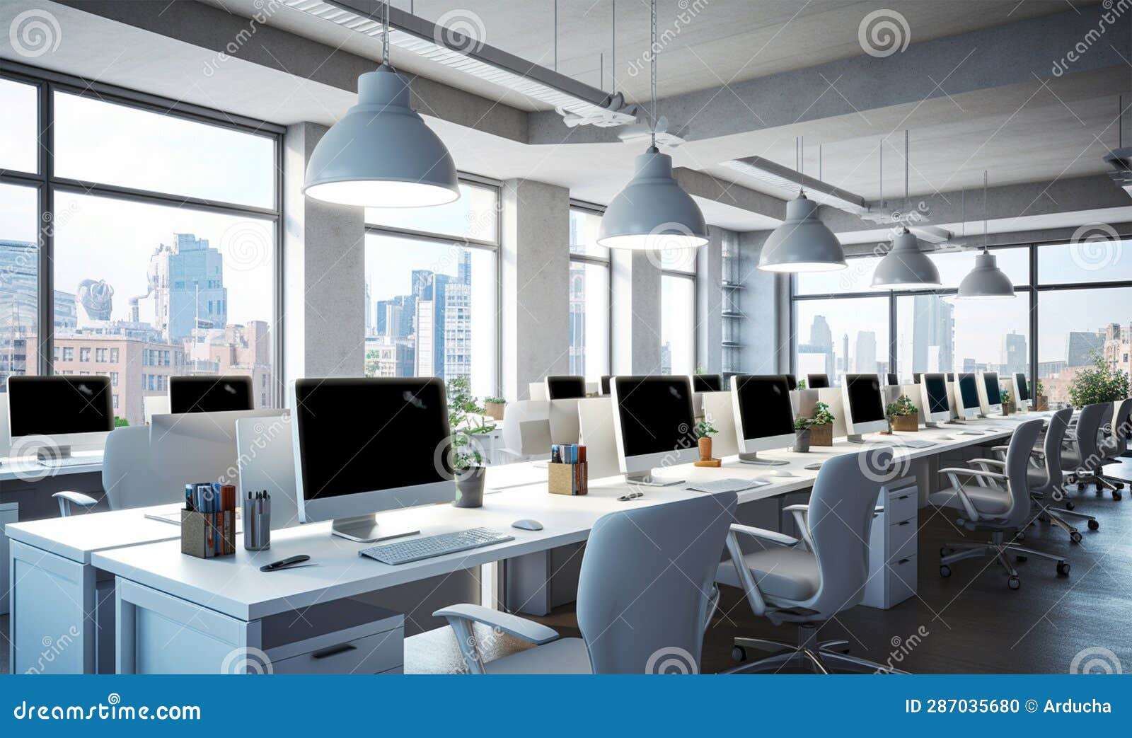 Blank Office Room Desk with Computers for Employees Stock Photo - Image ...