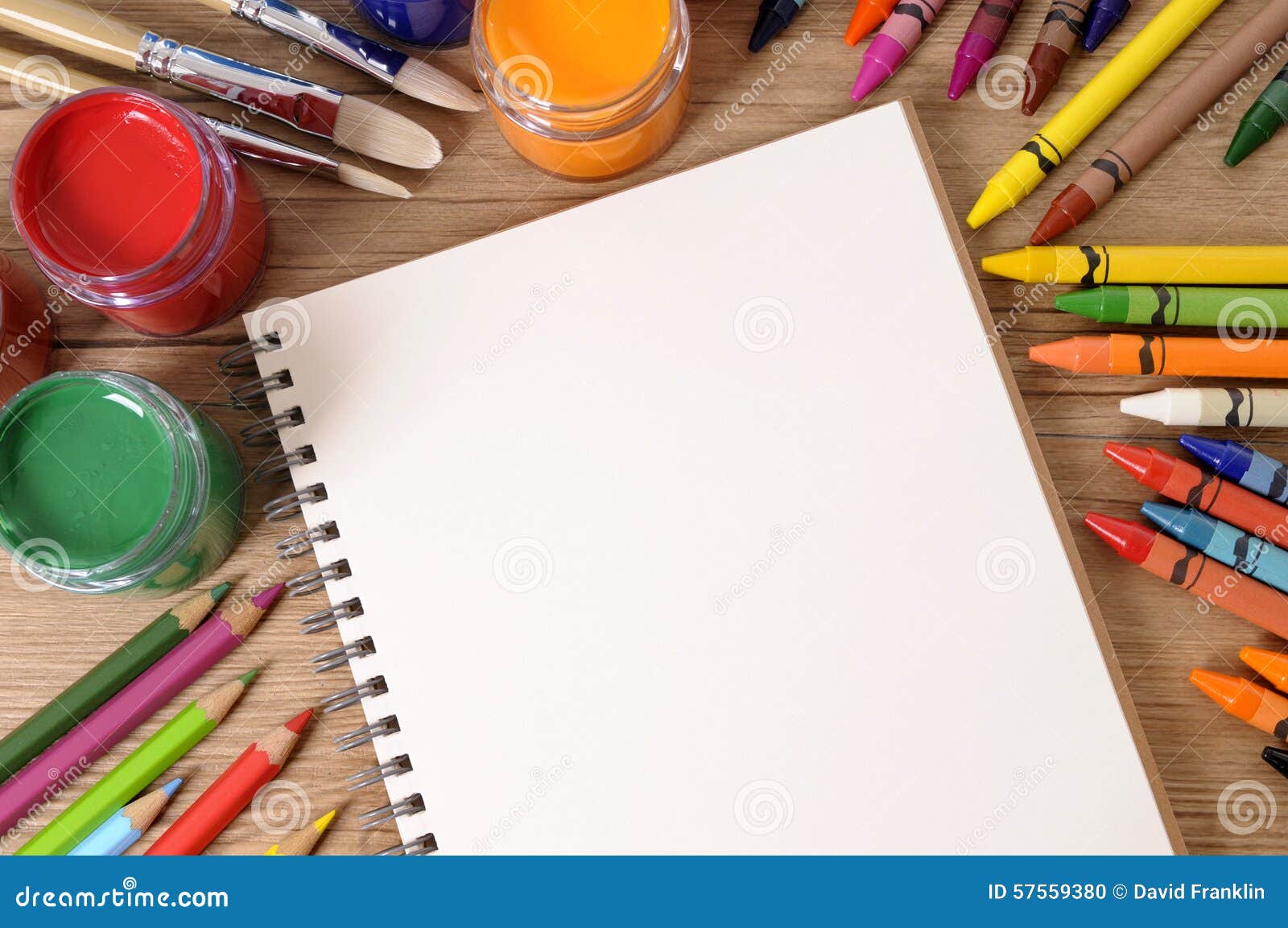 Blank Open Book, School Desk, Pencils, Crayons, Copy Space Stock Photo ...