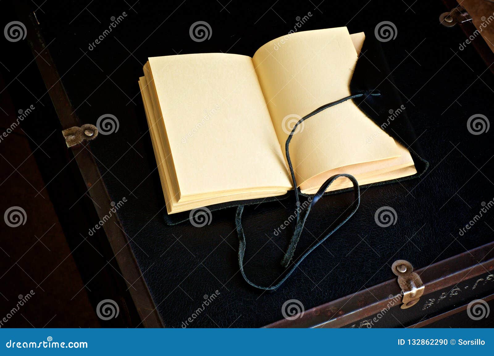 Blank Open Leather Bound Journal on Old Trunk Stock Photo - Image of ...