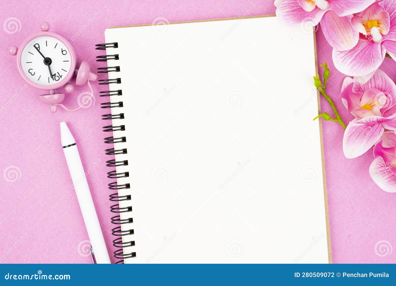 The Blank Open Notebook and Clock with Pink Color Orchid for Your Text or Message Stock Photo ...