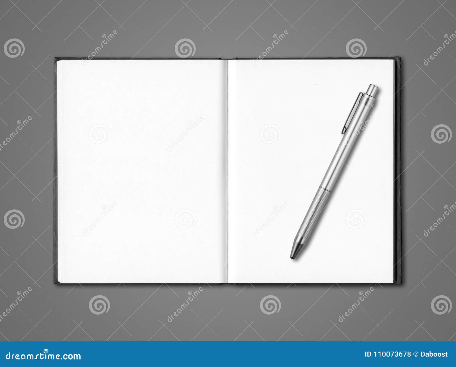 Blank Open Notebook and Pen Isolated on Dark Grey Stock Photo - Image ...