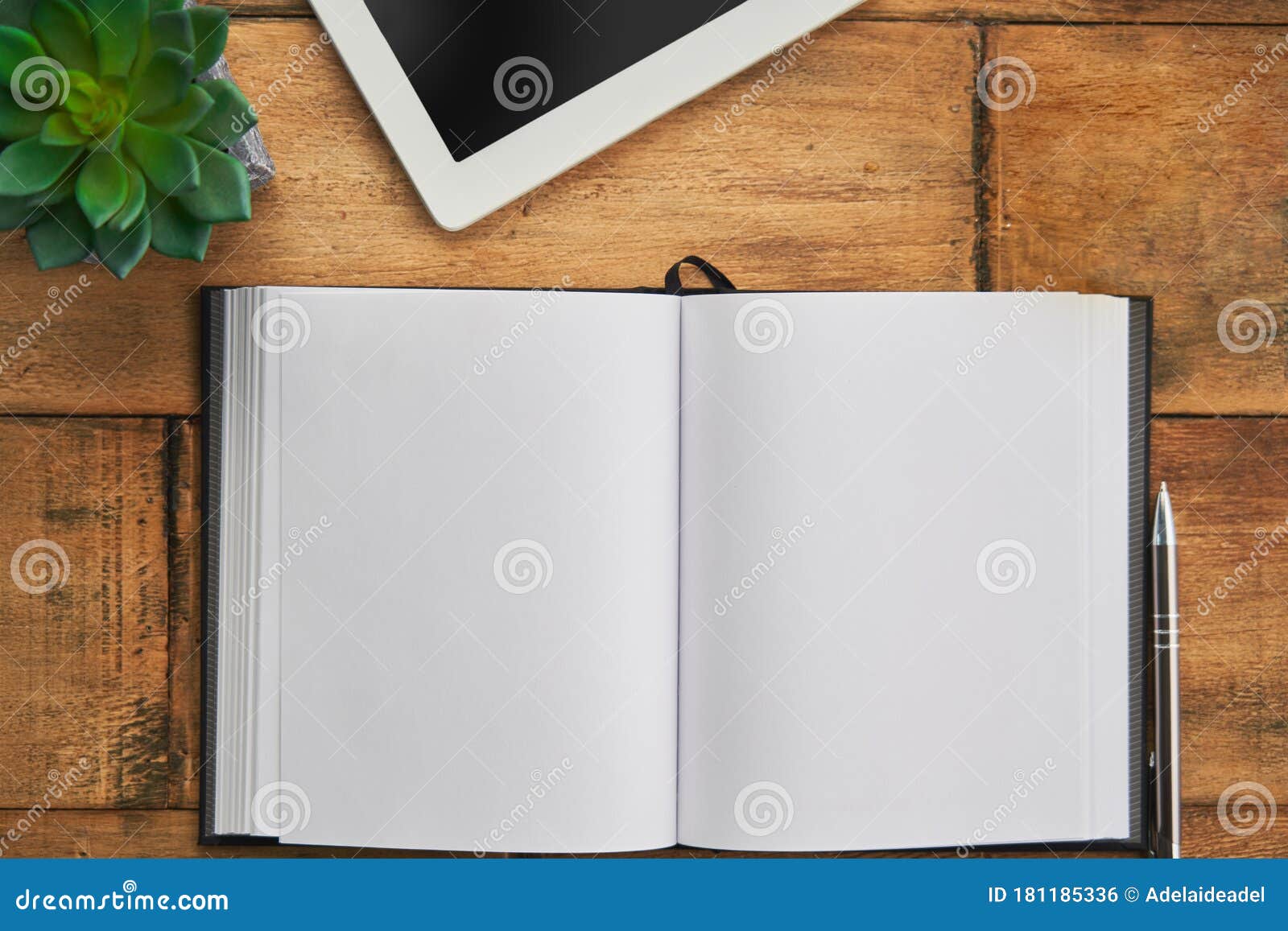 Blank Open Notebook with Tablet Wooden Table, Desktop. Top View Image ...