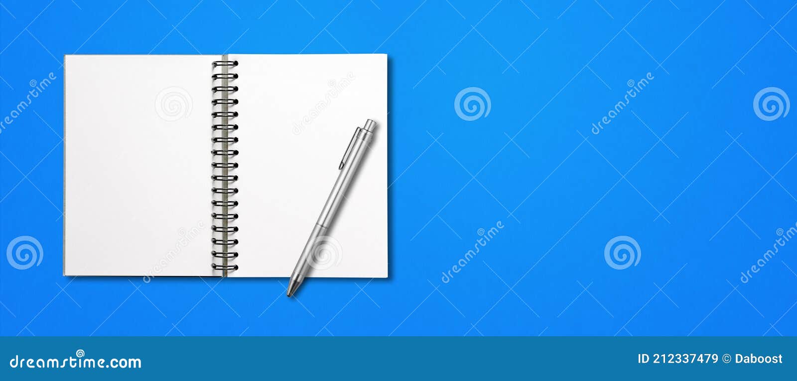 Blank Open Spiral Notebook and Pen Isolated on Blue Banner Stock Image ...