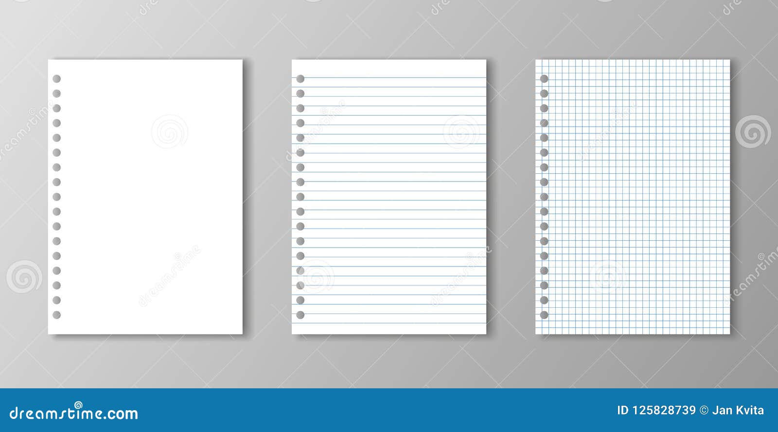 Blank Paper, Lined Paper and Square Paper with Holes on Grey Background ...