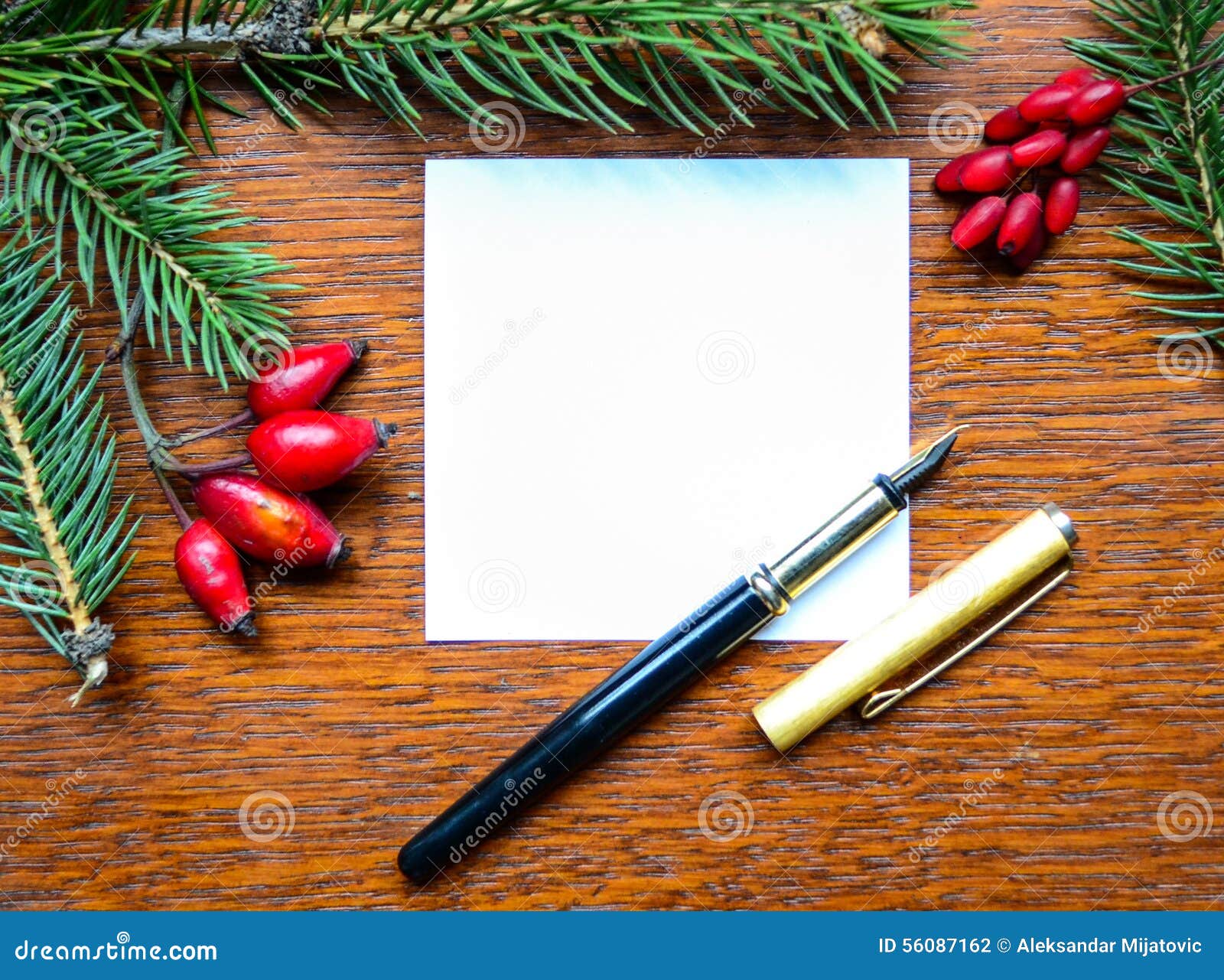 Blank Paper Note with Pen and Christmas Tree Branches on Wooden Stock ...