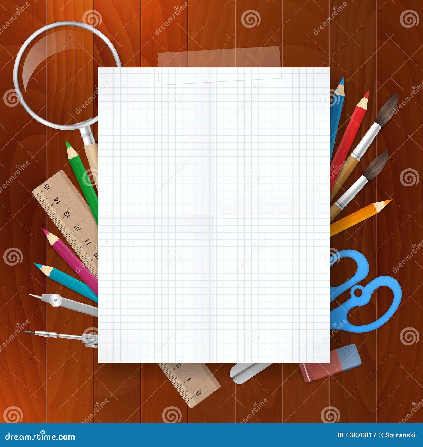 Blank Paper with School Supplies Tools on Wood Background Stock Vector ...