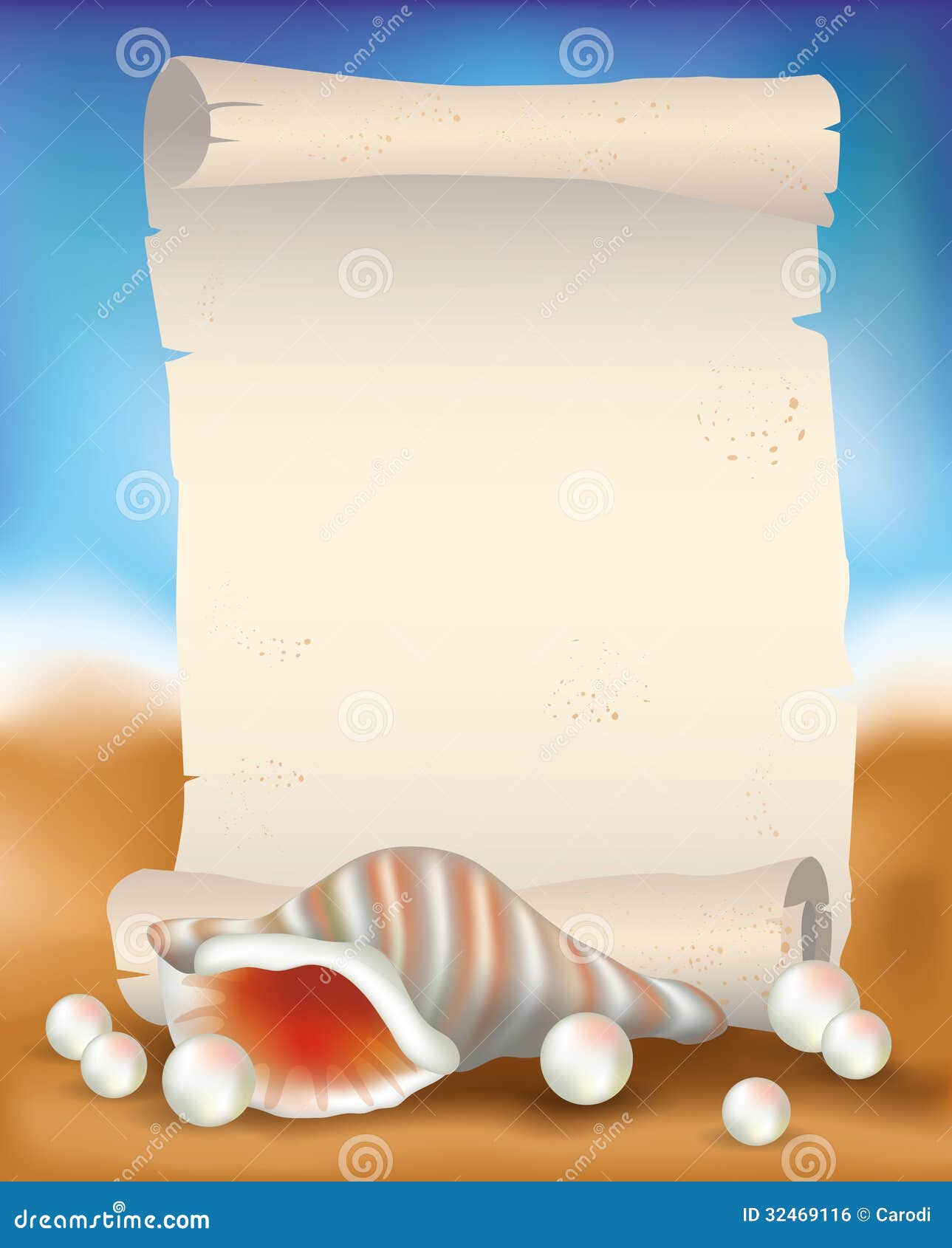 Blank Paper Scroll on Tropical Background with Seashell and Pearls ...