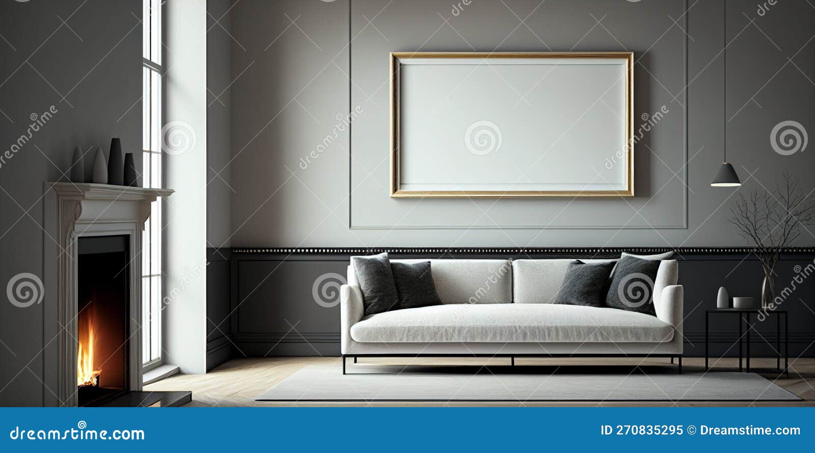 Blank Photo Frame Interior Design with Sofa Fireplace in Living Room ...