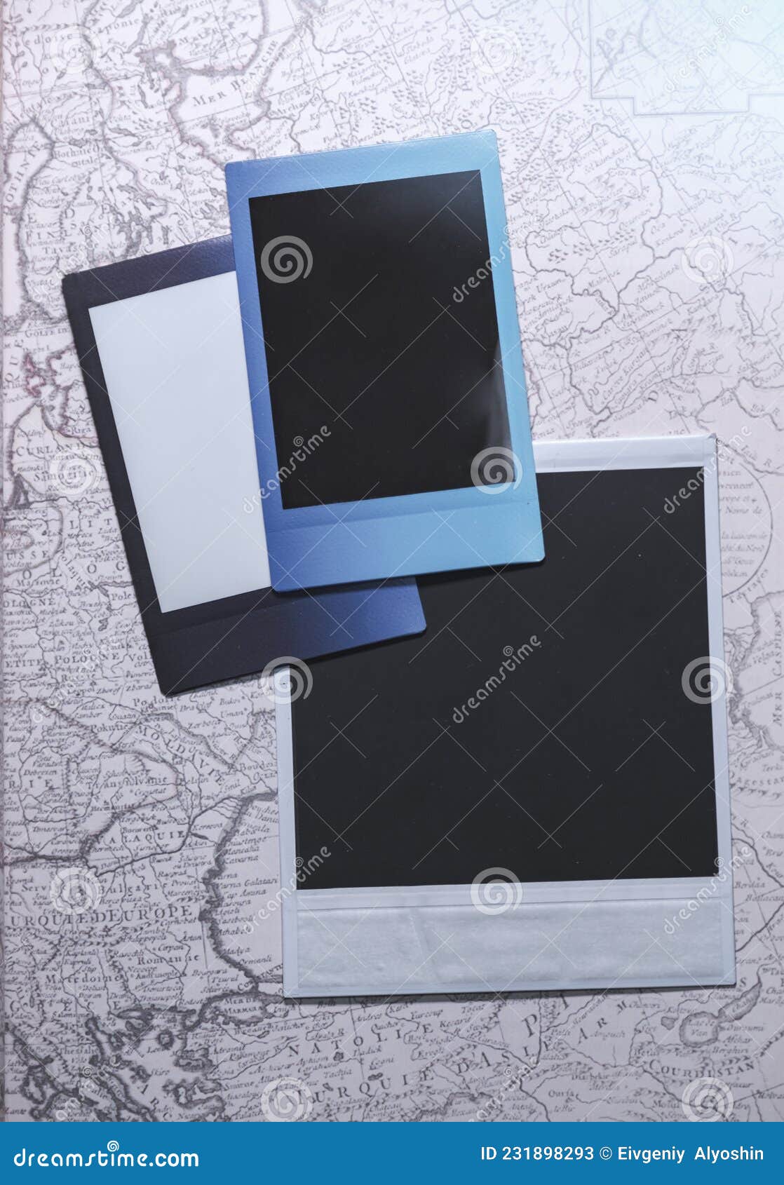 Blank Photo Frames on Map Background As Template. Top View of Photo ...