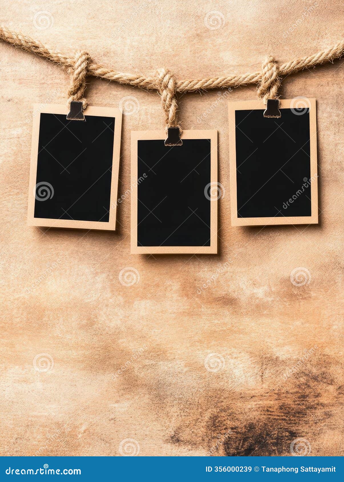Blank Photo Frames on Rope Three Empty Photo Frames Hang from a Rustic ...