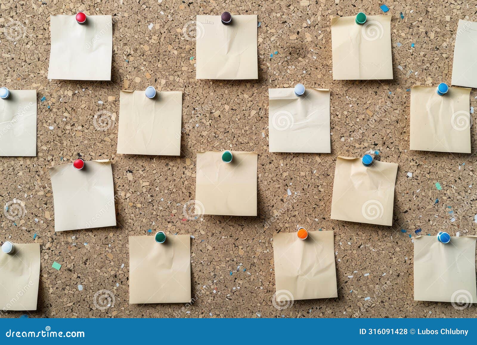 Blank Pinned Notes Attached with Colorful Push Pins To a Corkboard ...