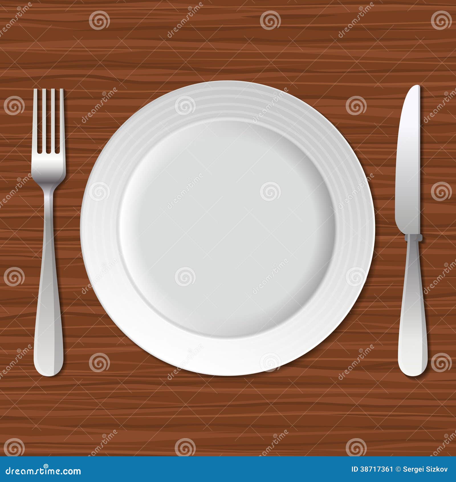 Blank Plate, Fork and Knife on Old Wooden Table Stock Vector ...