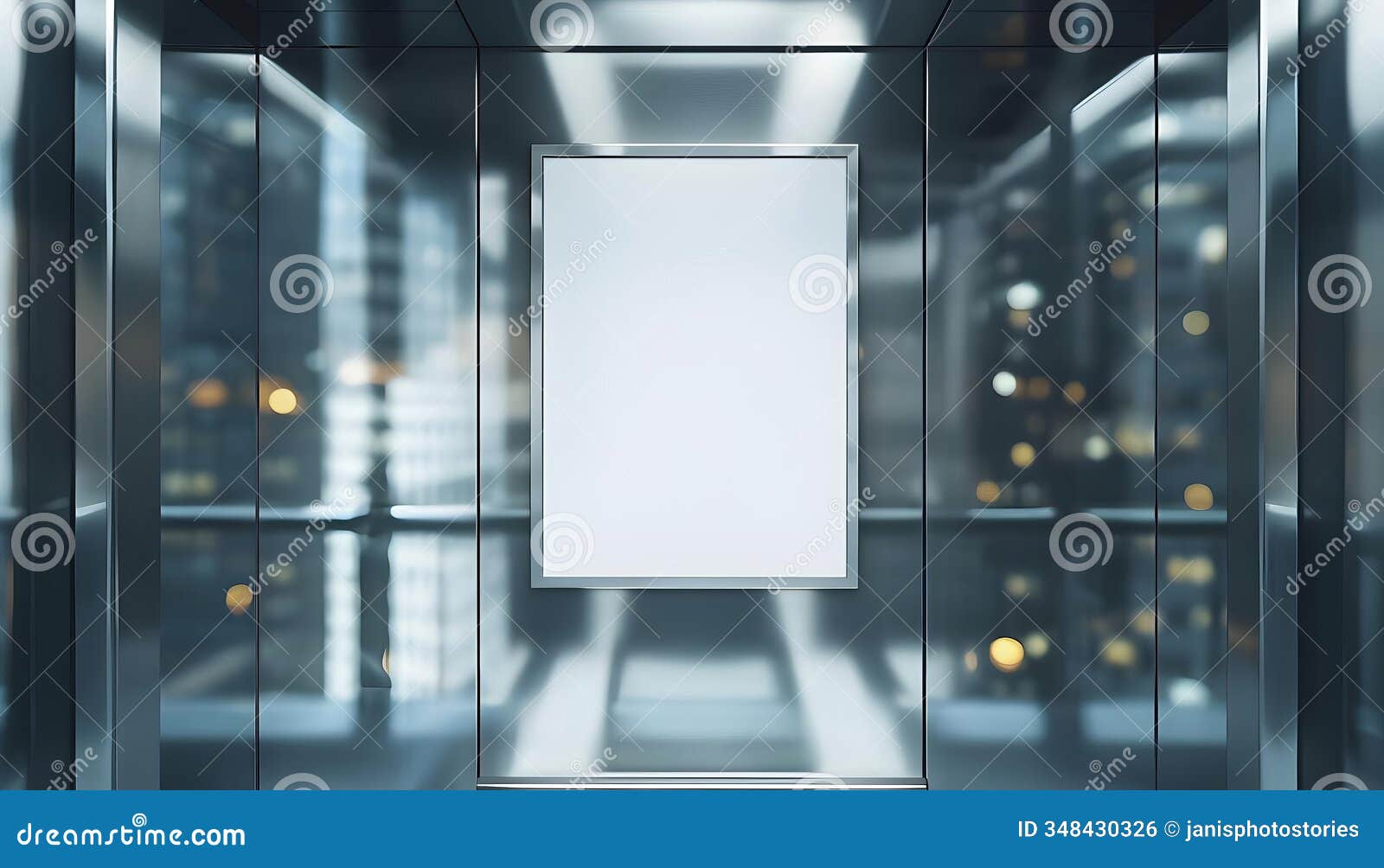 Blank Poster in Elevator with City Lights Reflection, Modern ...