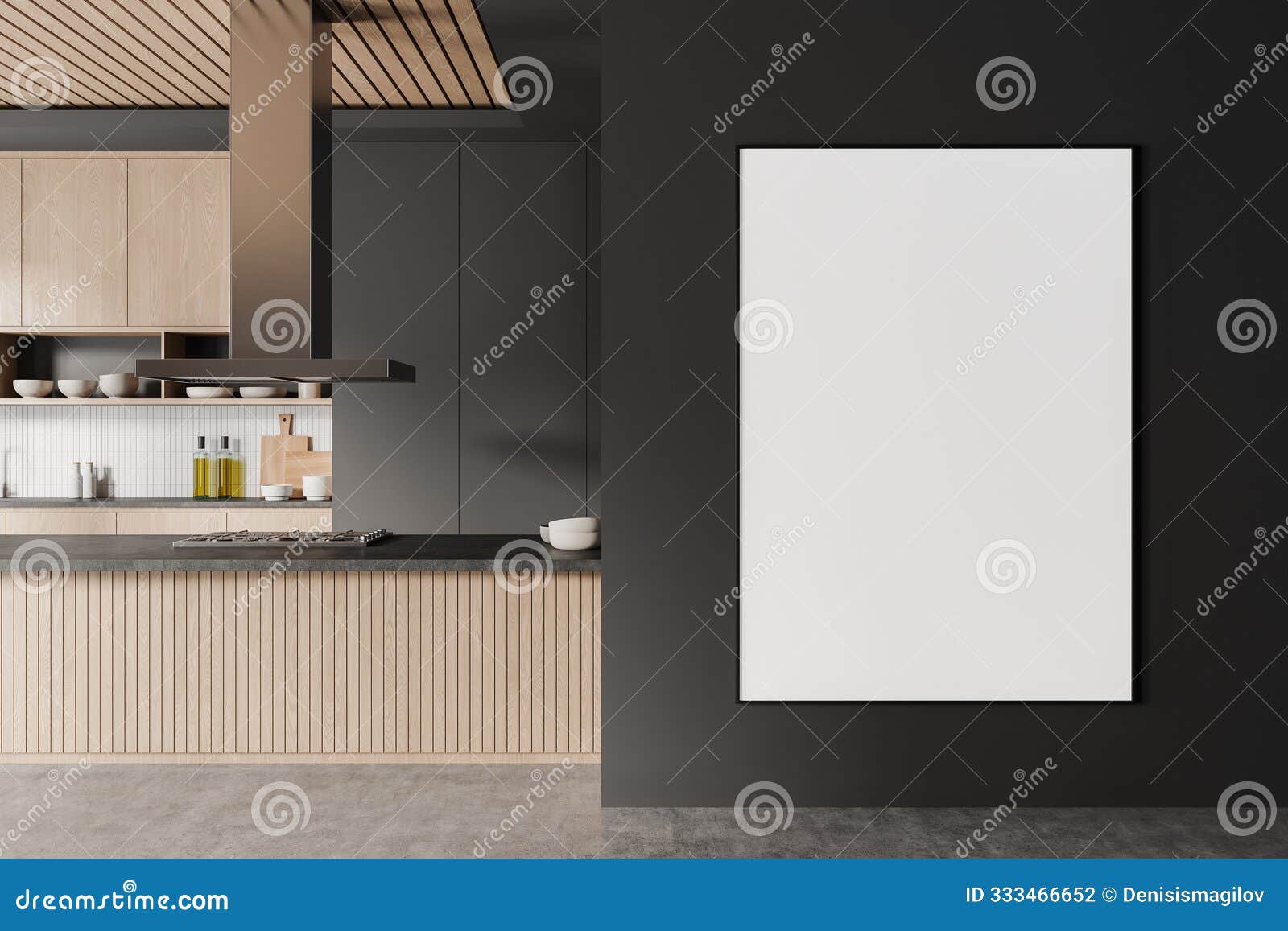 Blank Poster Mockup in a Modern Kitchen Interior with Wooden Elements ...