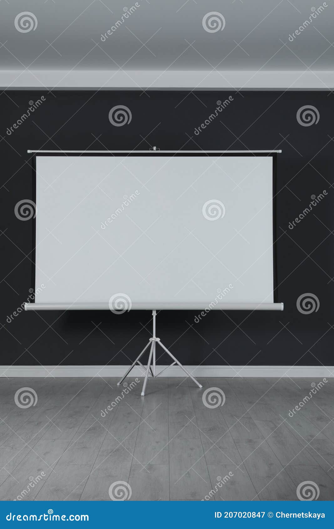Blank Projection Screen Near Black Wall Indoors. Space for Design Stock ...