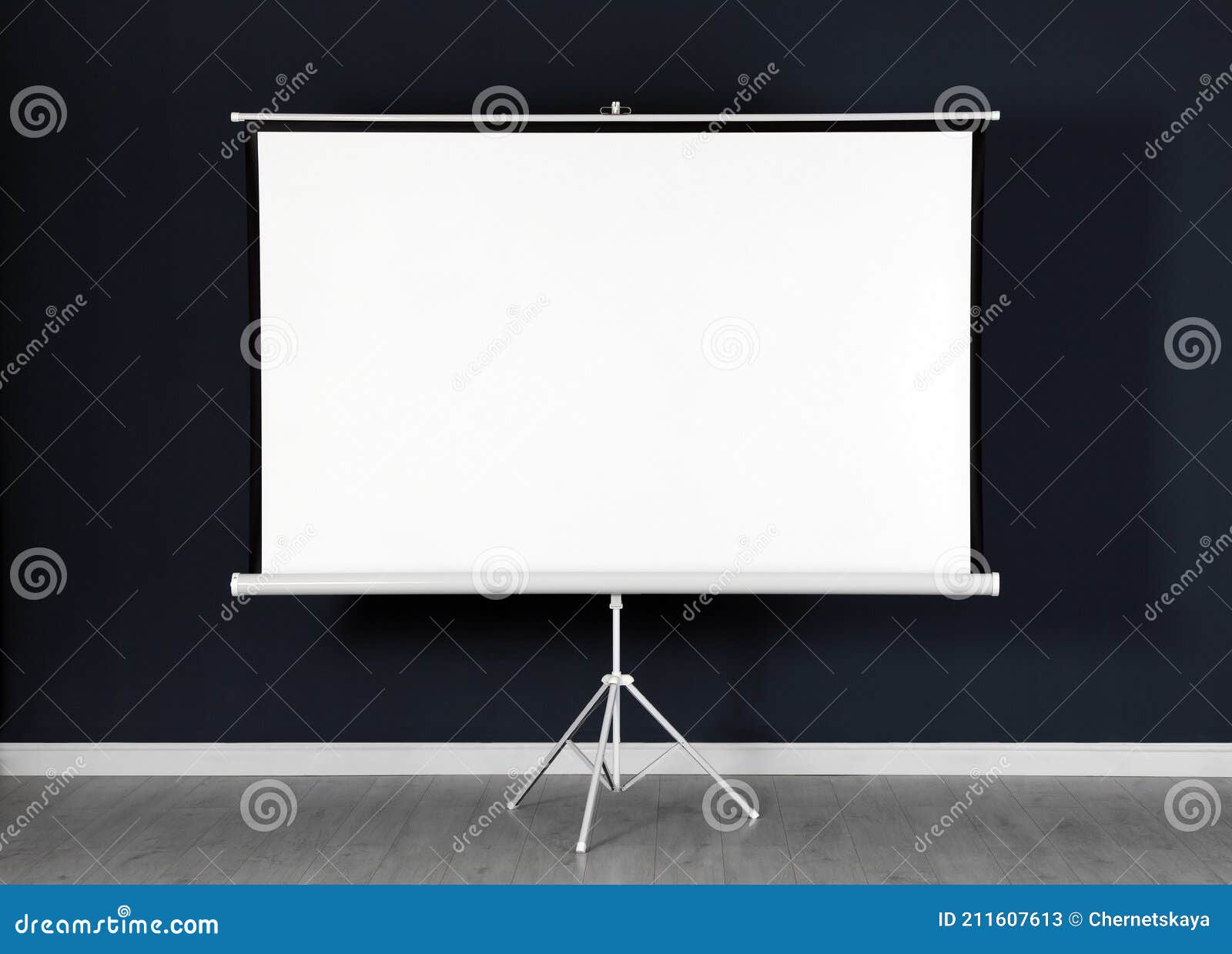 Blank Projection Screen Near Black Wall Indoors. Space for Design Stock ...