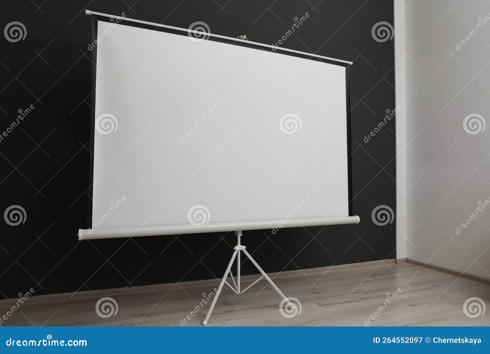 Blank Projection Screen Near Black Wall Indoors. Space for Design Stock ...