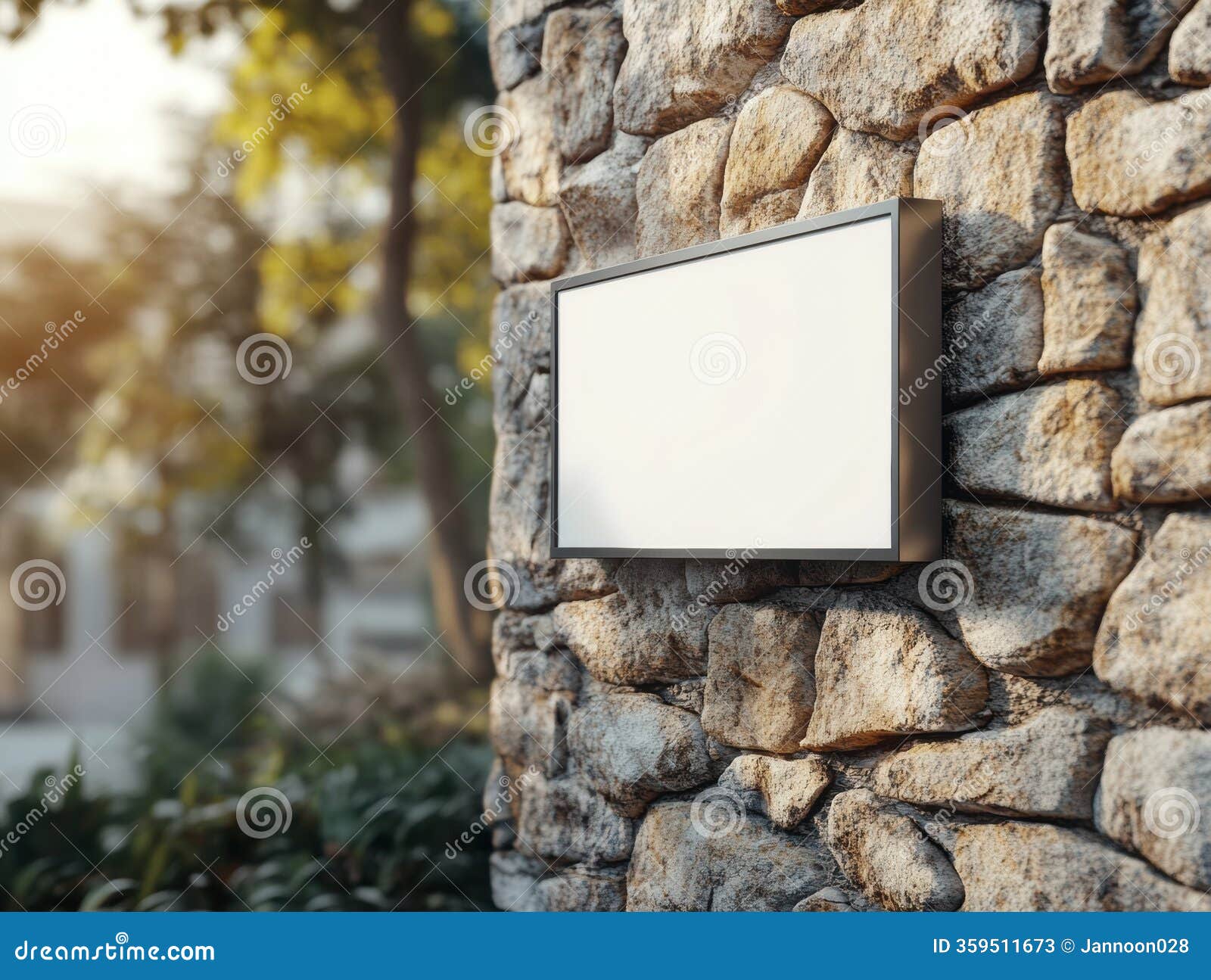 Blank Rectangular Signage Mounted on Rough Stone Wall Surface Outdoors ...