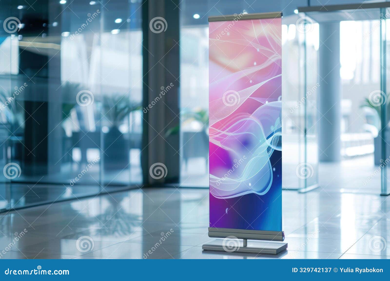 Blank Roll Up Banner Stand Displaying Abstract Design in Office Lobby ...