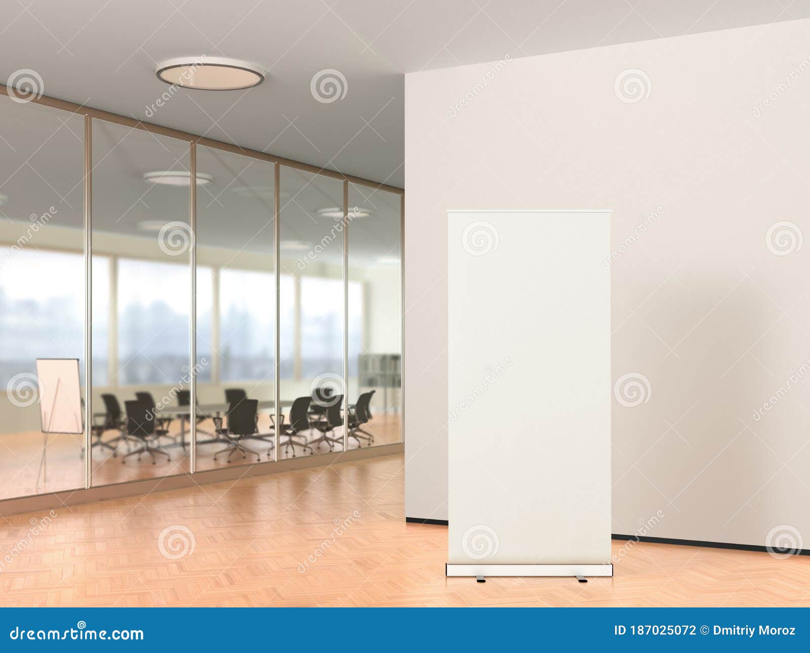 Blank Roll Up Banner Stand in Modern Office Stock Illustration ...
