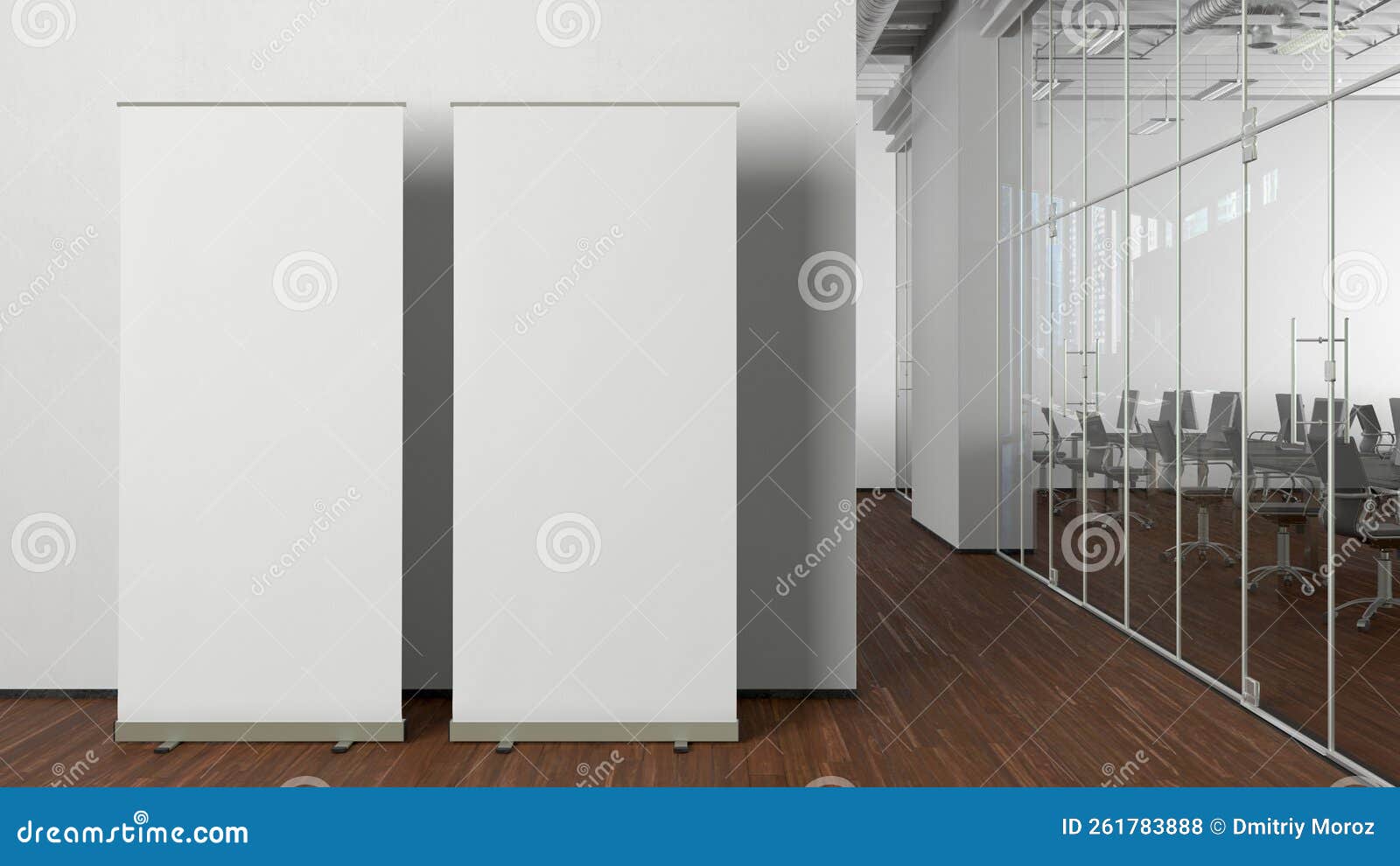 Blank Roll Up Banner Stands Mock Up in Modern Office Stock Illustration ...