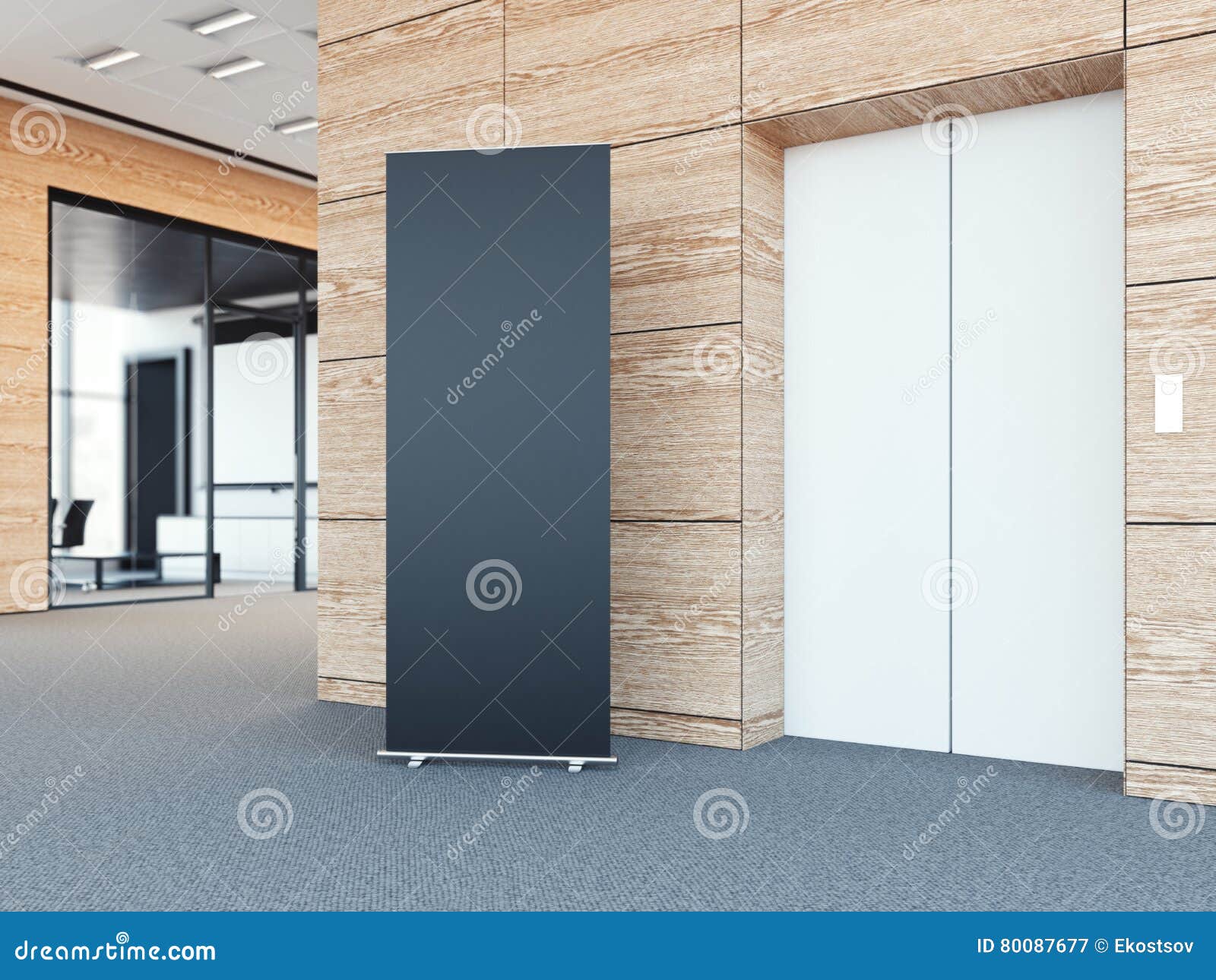 Blank Roll Up Bunner in Modern Office Lobby. 3d Rendering Stock ...
