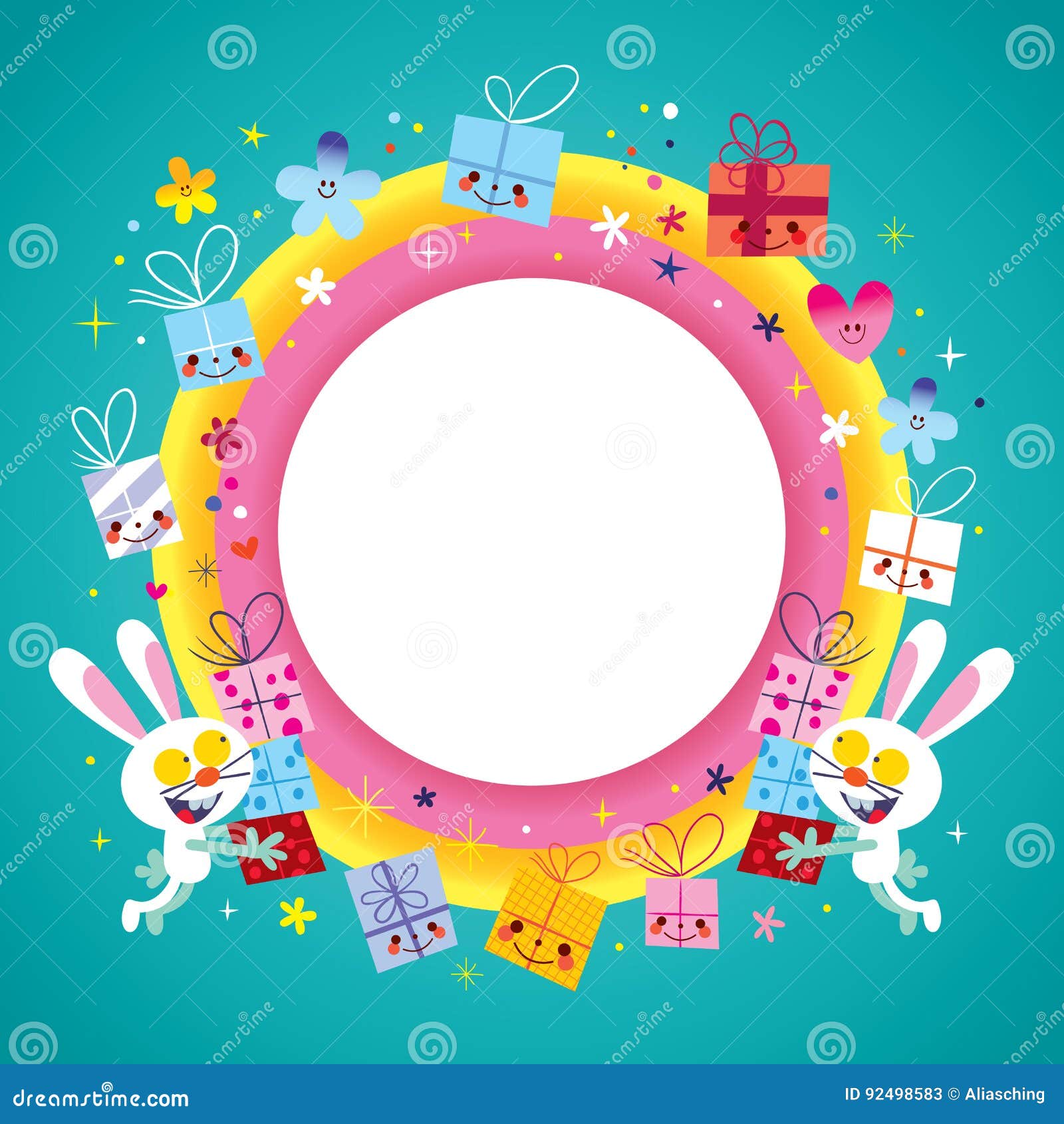 Blank Round Frame Border with Gift Boxes and Bunnies Stock Vector ...
