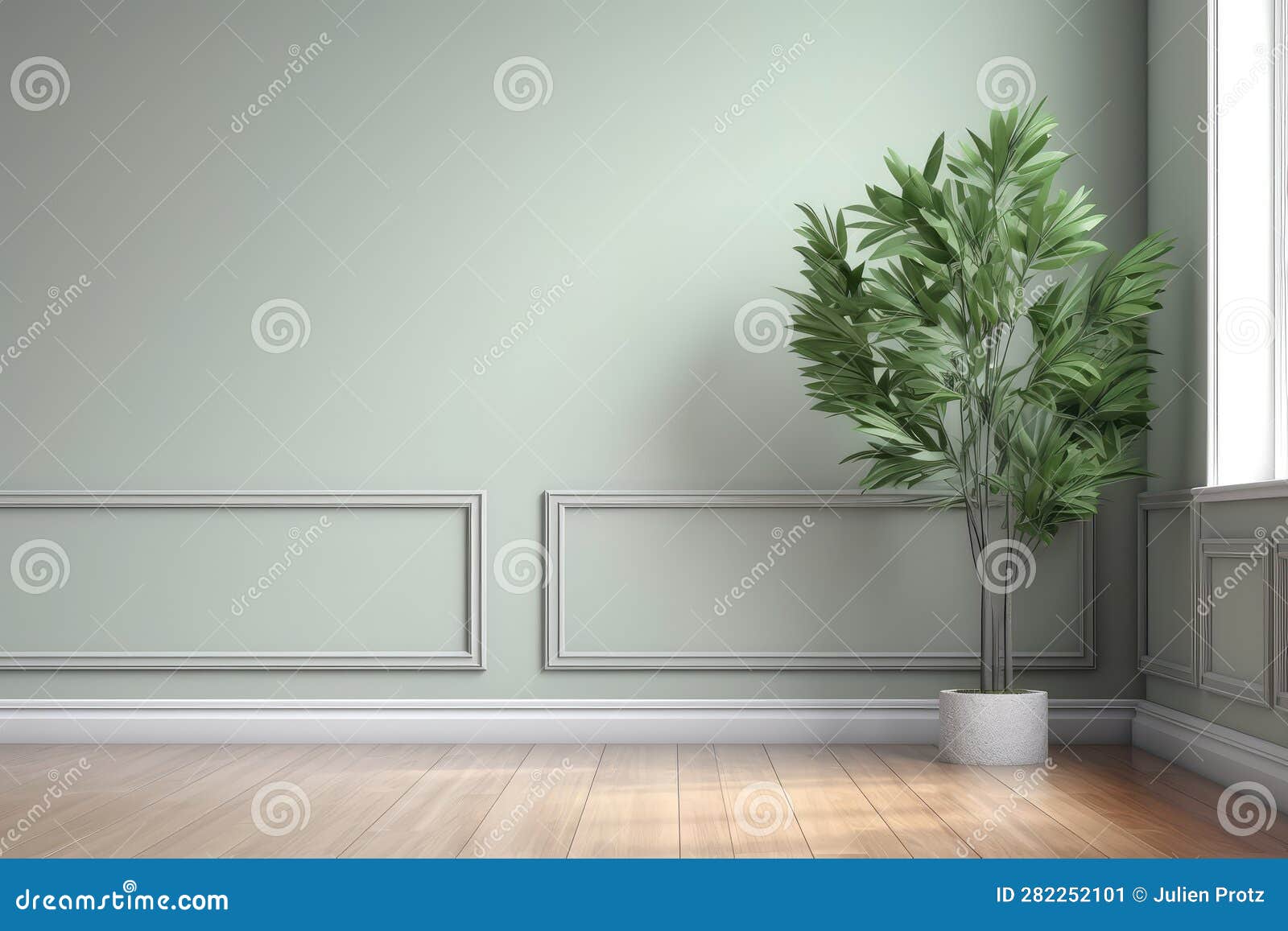 Blank Sage Green Wall In House With Green Tropical Tree, AI Generated ...
