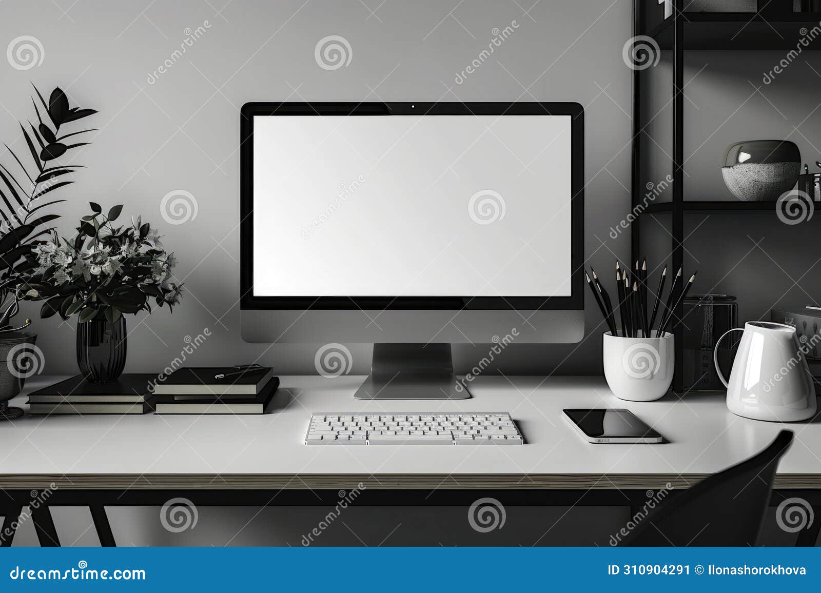 White Screen Desktop Computer in Minimal Office Room with Decorations ... White Screen Desktop Computer in Minimal Office Room with Decorations ...