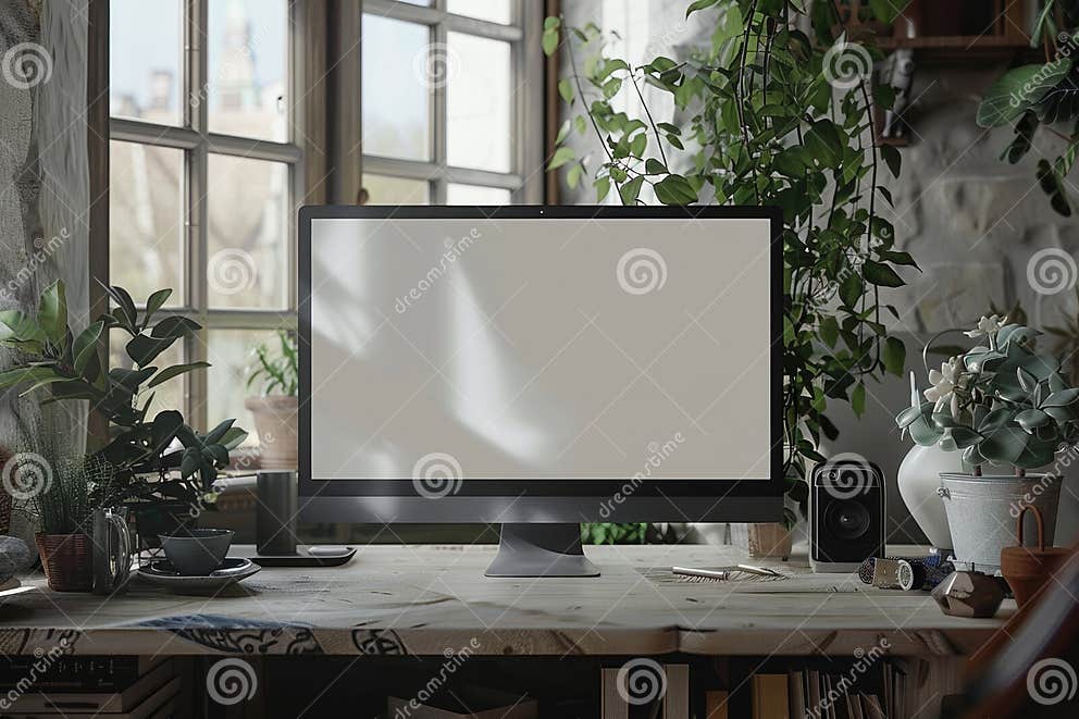 White Screen Desktop Computer in Minimal Office Room with Decorations ...