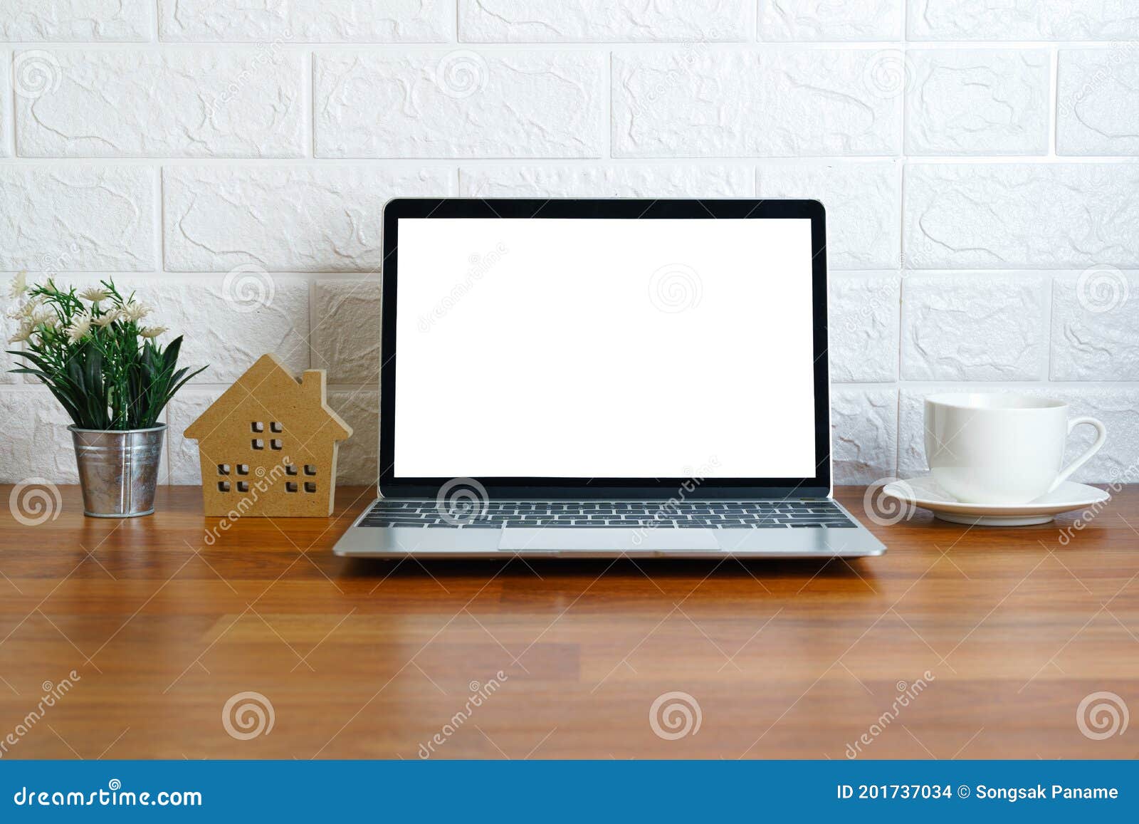 Workplace with Laptop on Table at Home Stock Photo - Image of interior ...