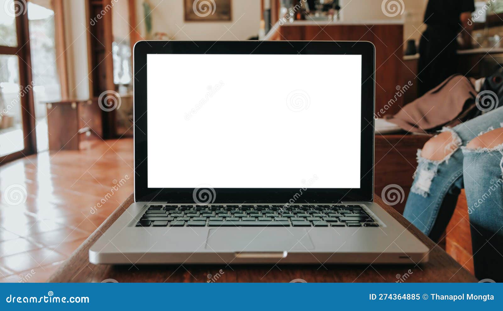 Blank Screen Laptop Computer Set Up for Work on White Wooden Desk ...