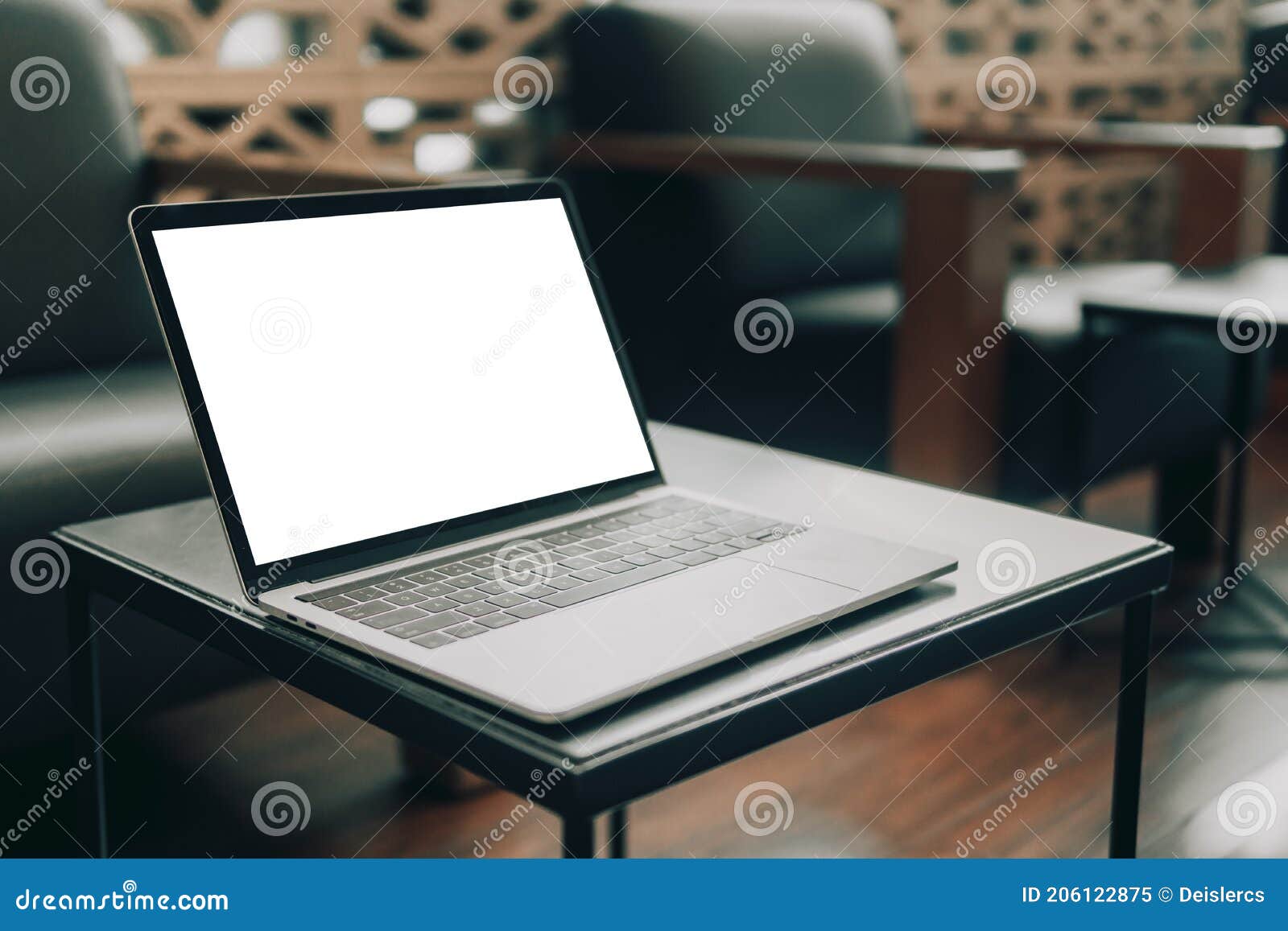 Blank Screen Laptop Computer and Working with Mobile Device Screen ...