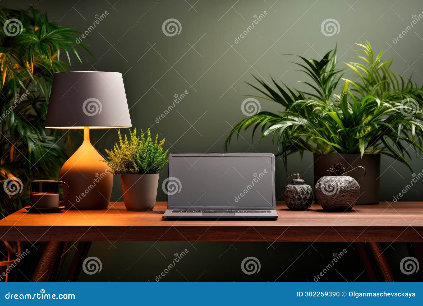 Blank Screen, Laptop Mockup on the Desktop with Potted Plants on the ...