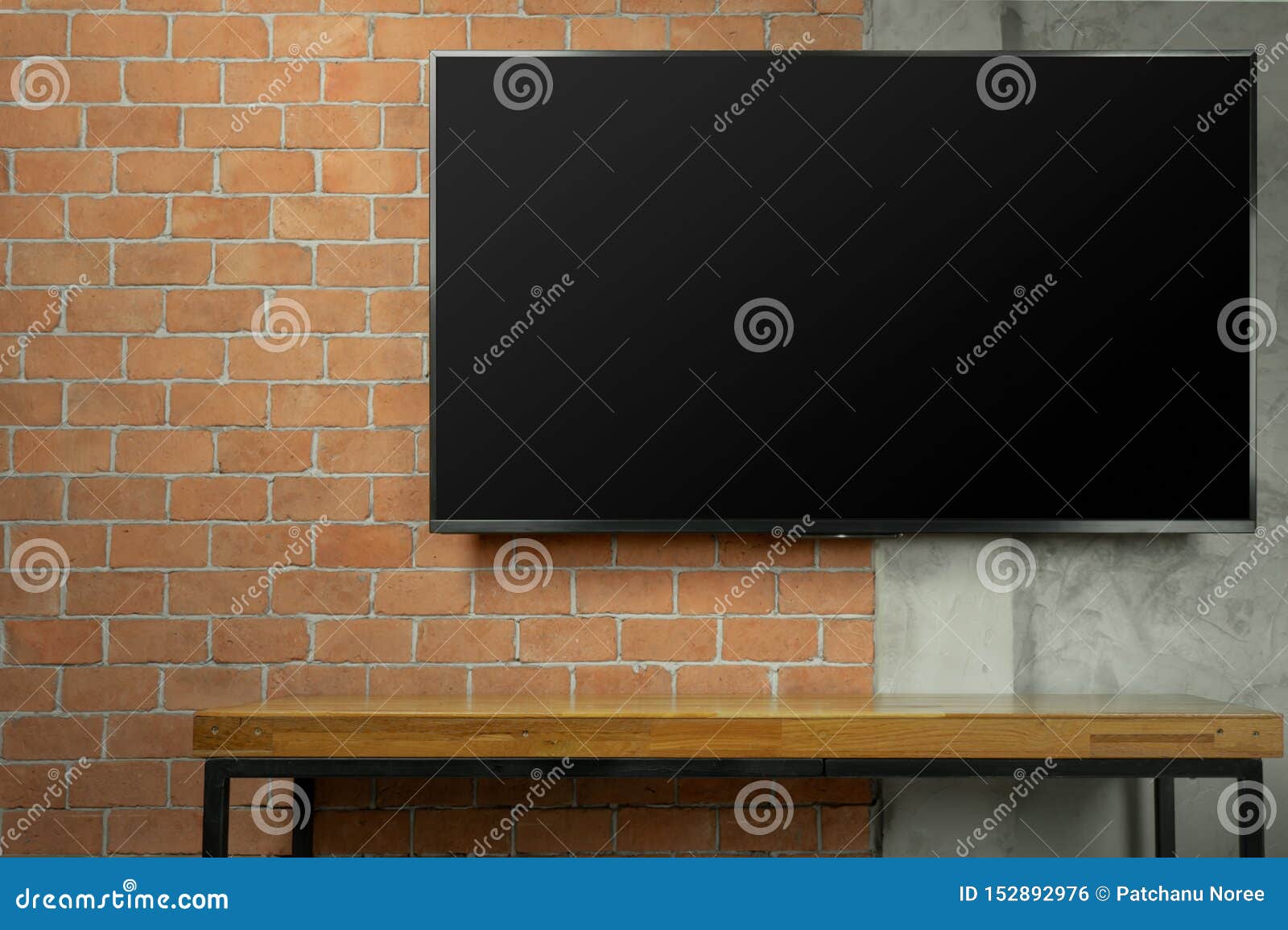 Blank Screen Led Tv on Red Brick Wall with Empty Wooden Table Stock ...