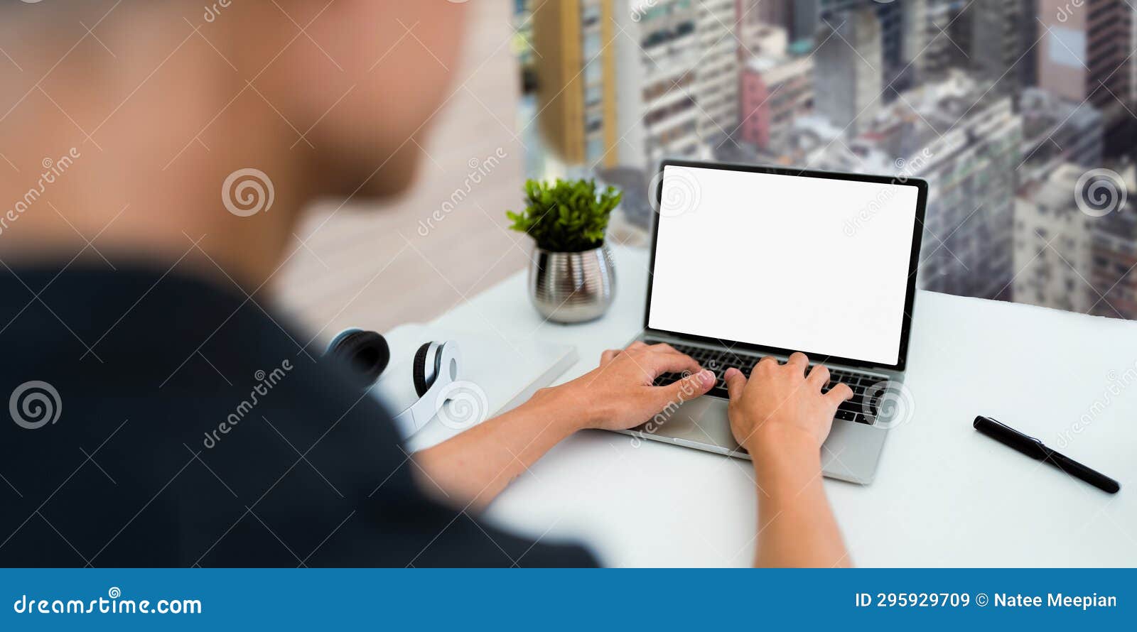 Blank Screen of Man Hand Working on Laptop Computer and Peper Work ...