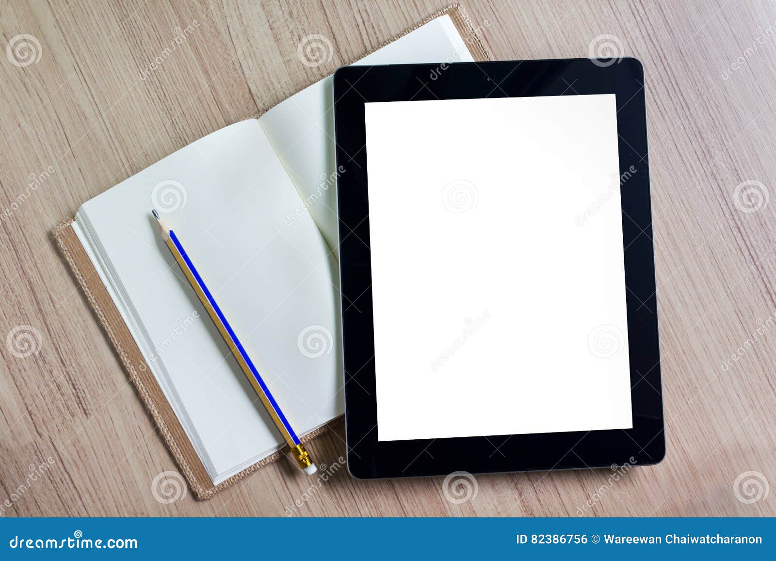 Blank Screen Tablet on Blank Page Diary with Pencil on Wooden Fl Stock ...
