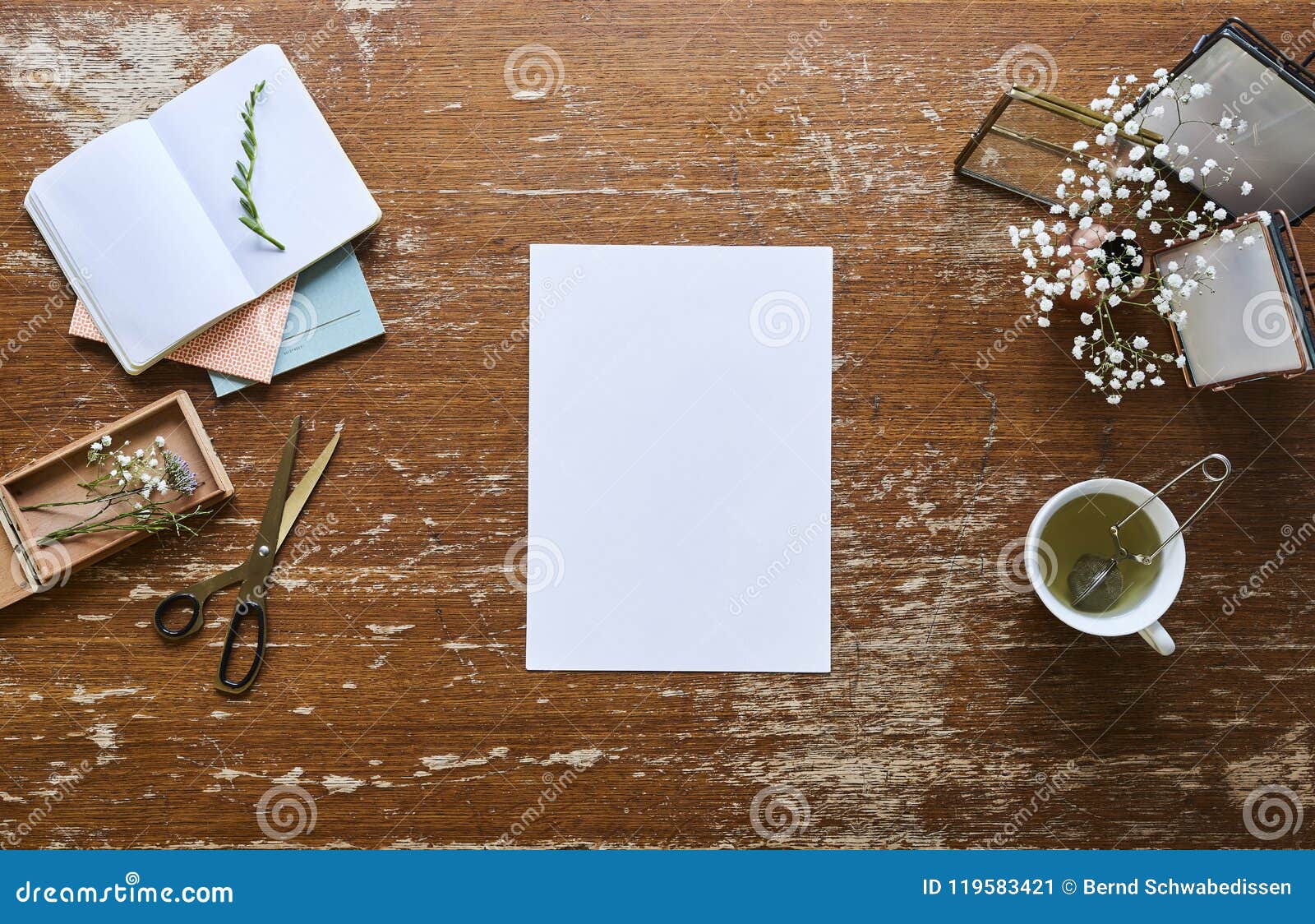 Blank Sheet of Paper in Creative Workspace Flowers and Tea Stock Image ...