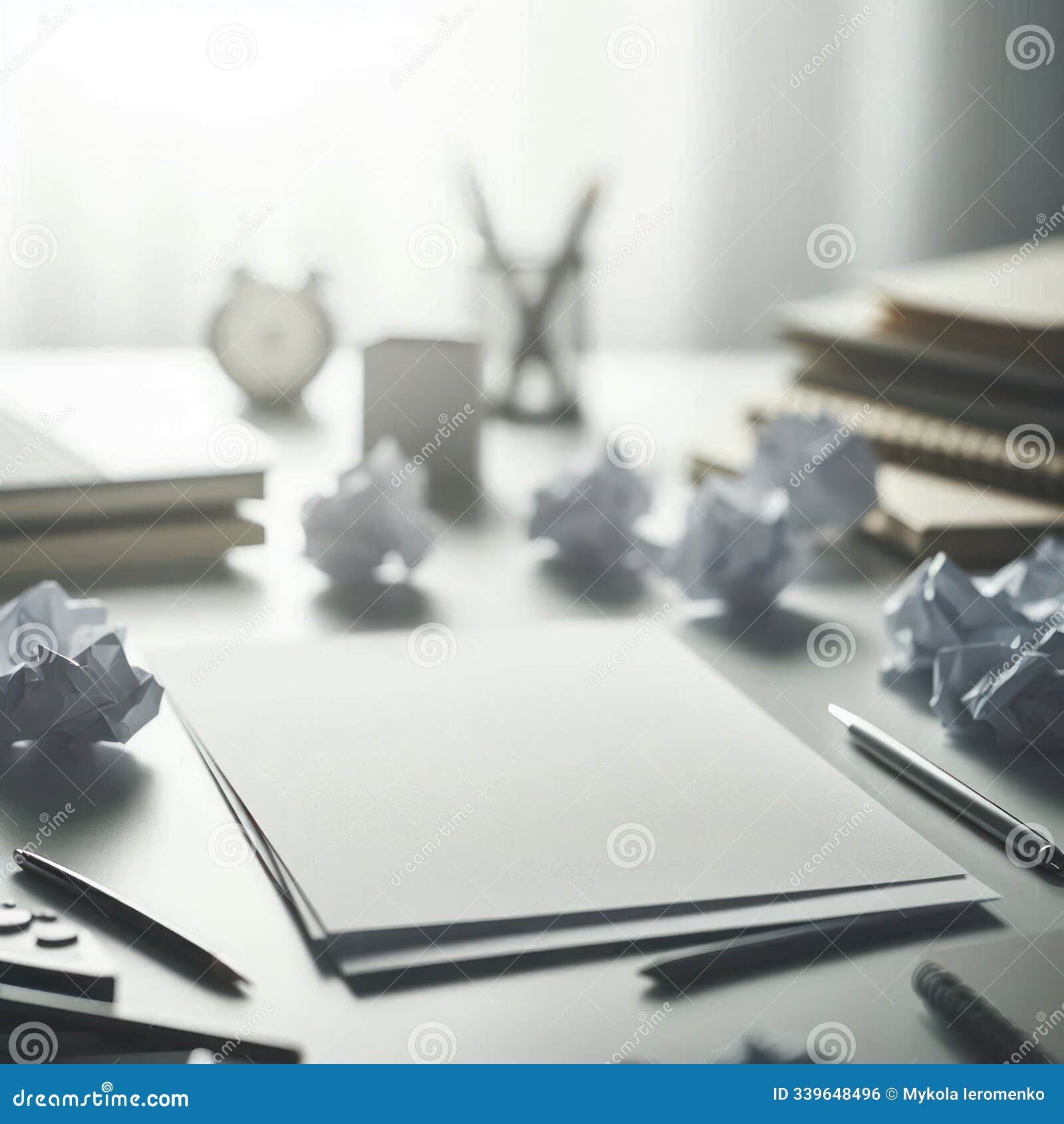 A Blank Sheet of Paper and Crumpled Drafts on the Desktop. Stock Photo ...