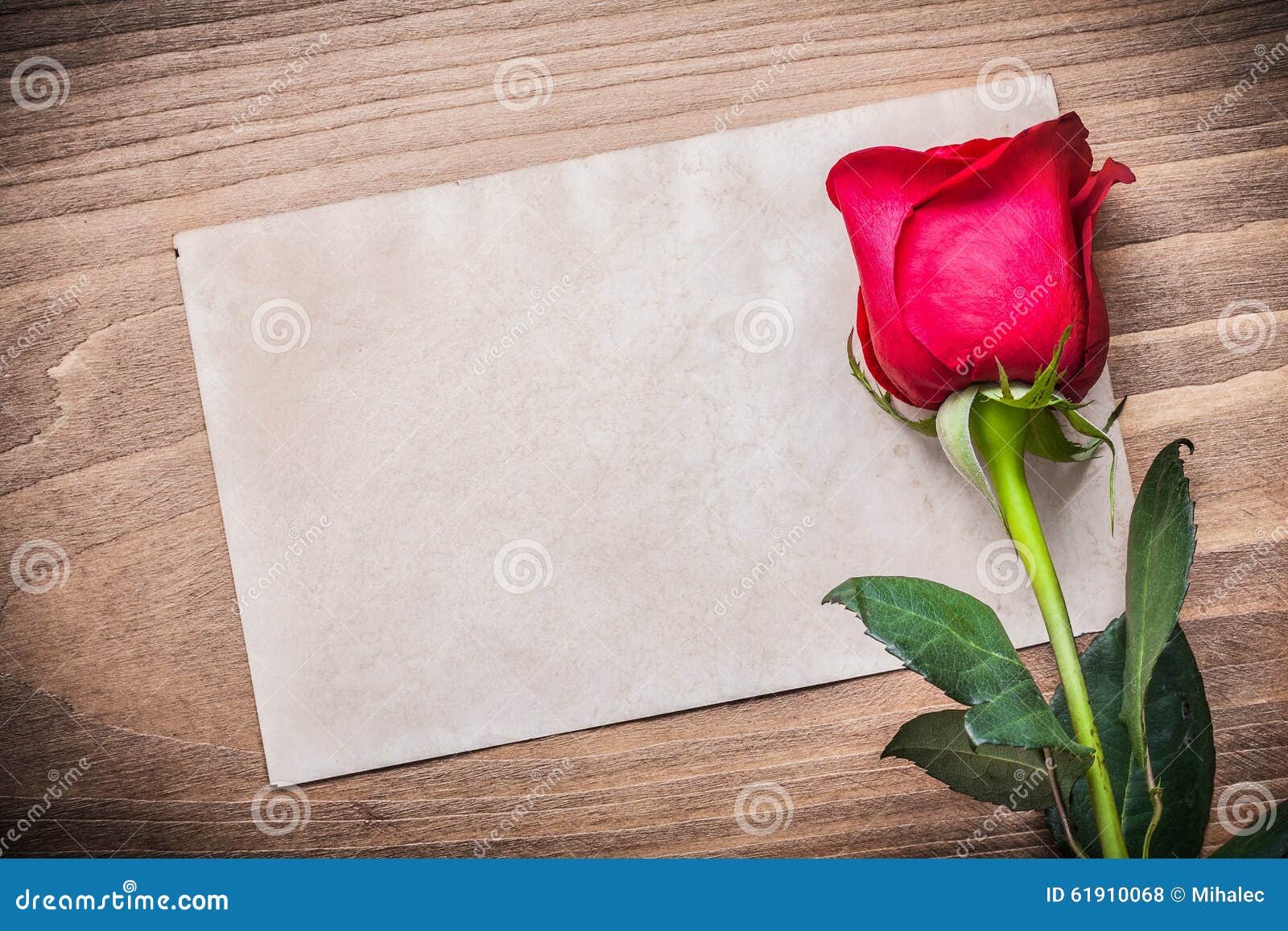 Blank Sheet of Paper and Red Rose on Wooden Board Stock Photo - Image ...