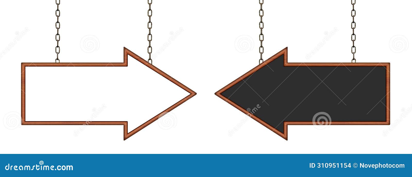 Blank Sign with an Arrow Hanging on Iron Chains. Two White and Black ...