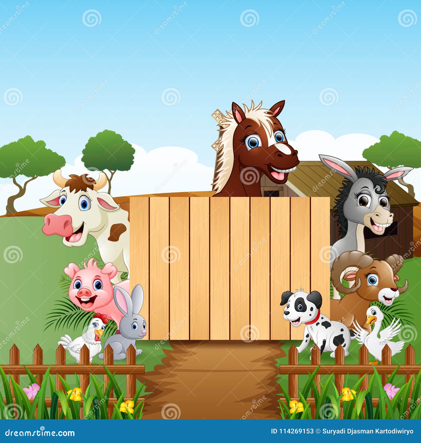 Blank Sign Board and the Farm Animals Stock Vector - Illustration of ...
