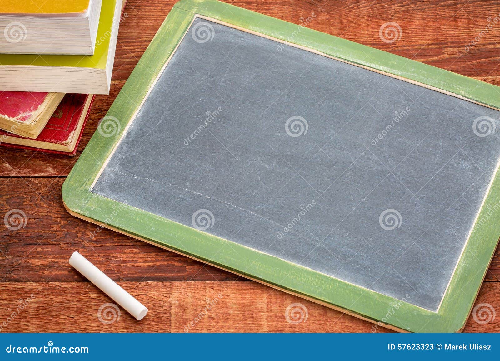 Blank Slate Blackboard with Chalk and Books Stock Image - Image of wood ...