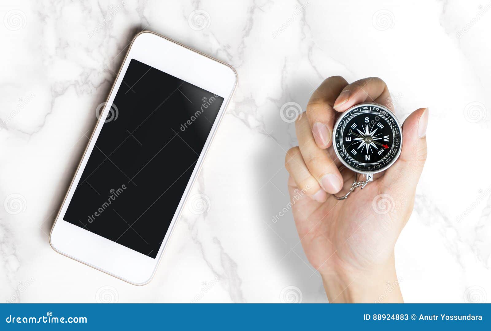 Blank Smartphone Screen with Hand on Compass for GPS Mobile Application ...