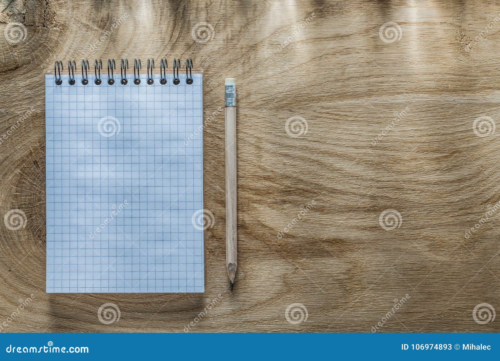 Blank Spiral Notebook Pencil on Wooden Board Top View Stock Image ...