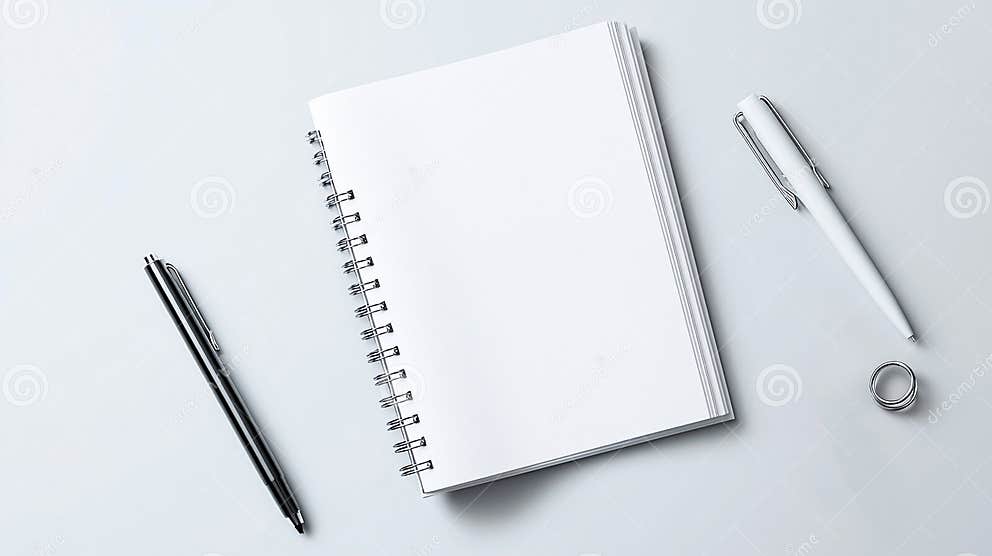 Blank Spiral Notebook with Two Pens and Ring on White Surface Creating ...
