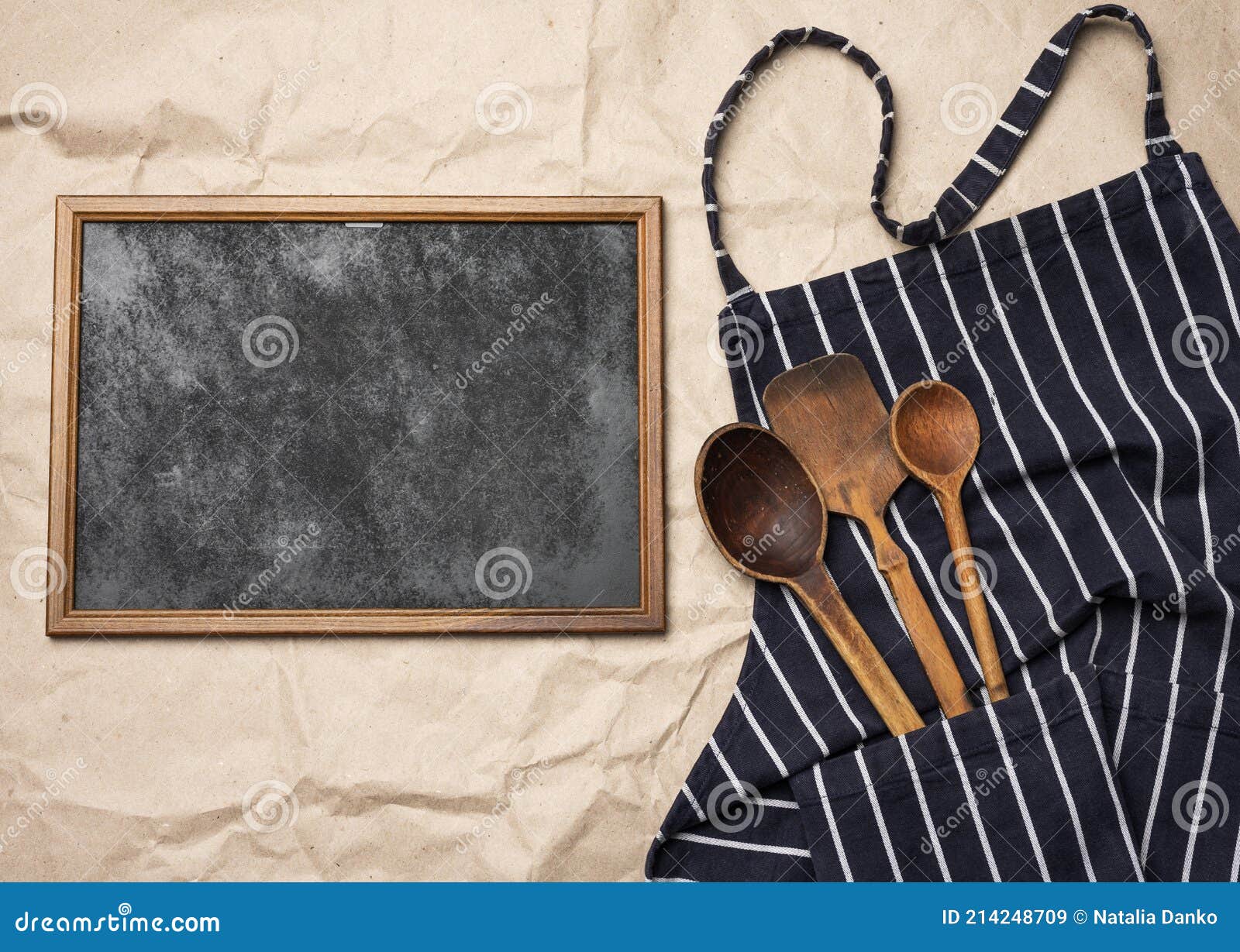 Blank Square Wood Frame and Blue Chef Apron Stock Image - Image of ...