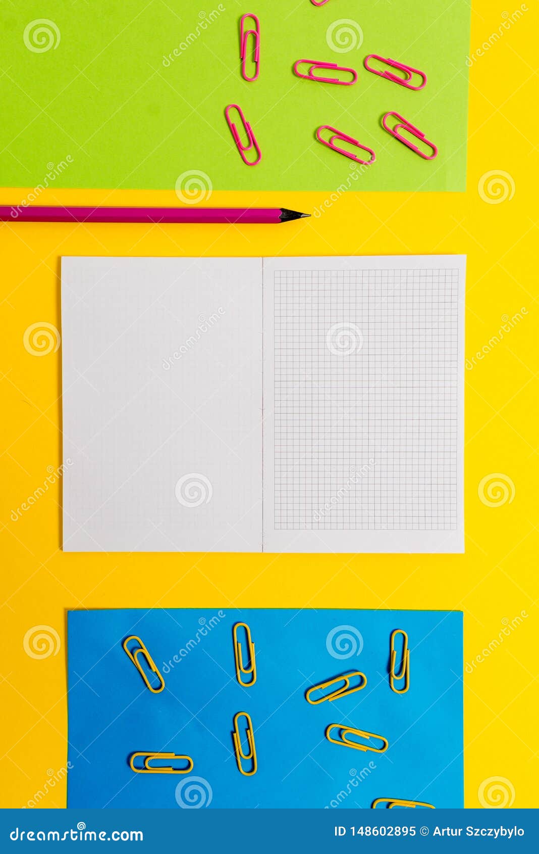 Blank Squared Notebook Colored Paper Sheets Clips Pencil Highlighter ...