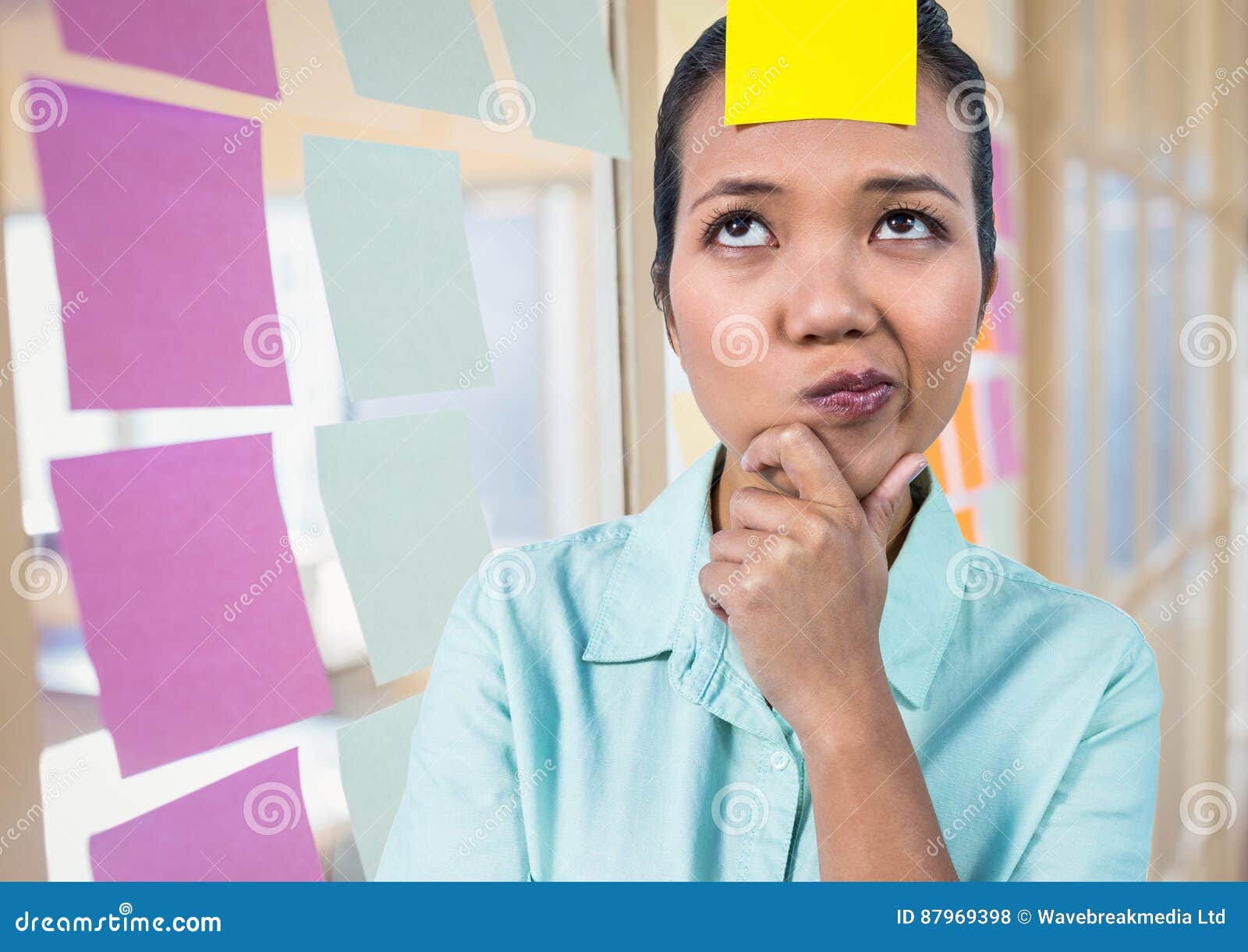 Blank Sticky Note on Female Executive Forehead Stock Photo - Image of ...